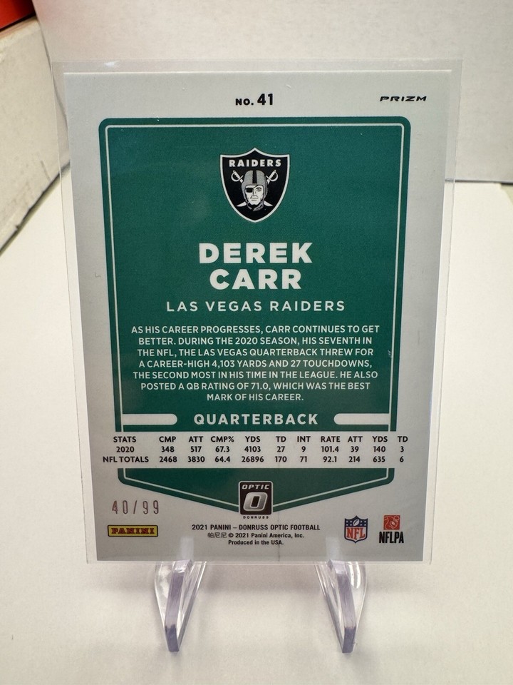 2021 Donruss Optic #41 Derek Carr Red Parallel /99 Raiders | eBay