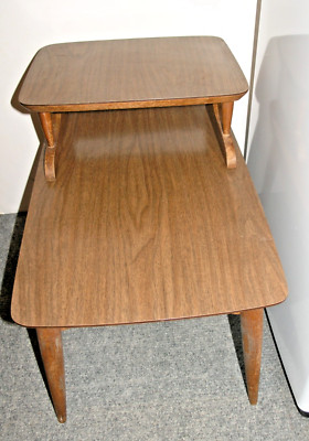 Vintage Two Tiered End Table Hardwood with Walnut Laminate Mid-Century ...