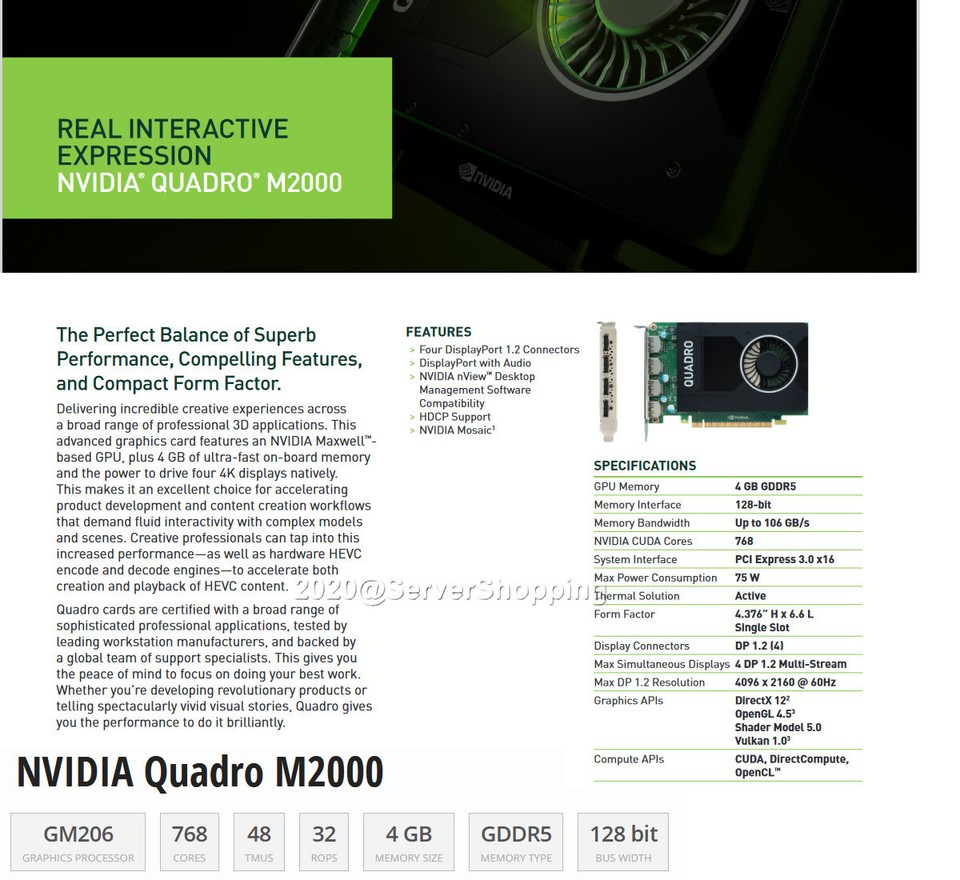 NVIDIA Quadro® M2000 4GB GDDR5 Graphics Card GPU 4*4K DisplayPort DELL ...
