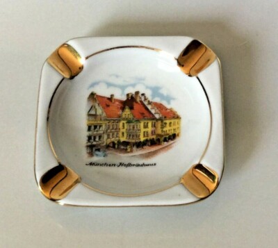 Vintage Munchen Hofbrauhaus Ceramic Small Square Ashtray with Gold Trim ...