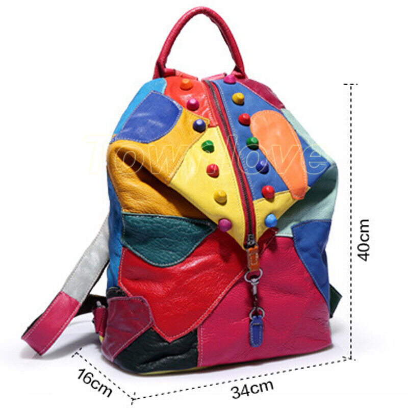 Sheepskin Leather Women's Colorful Blocks Patchwork Backpack Travel Bag ...