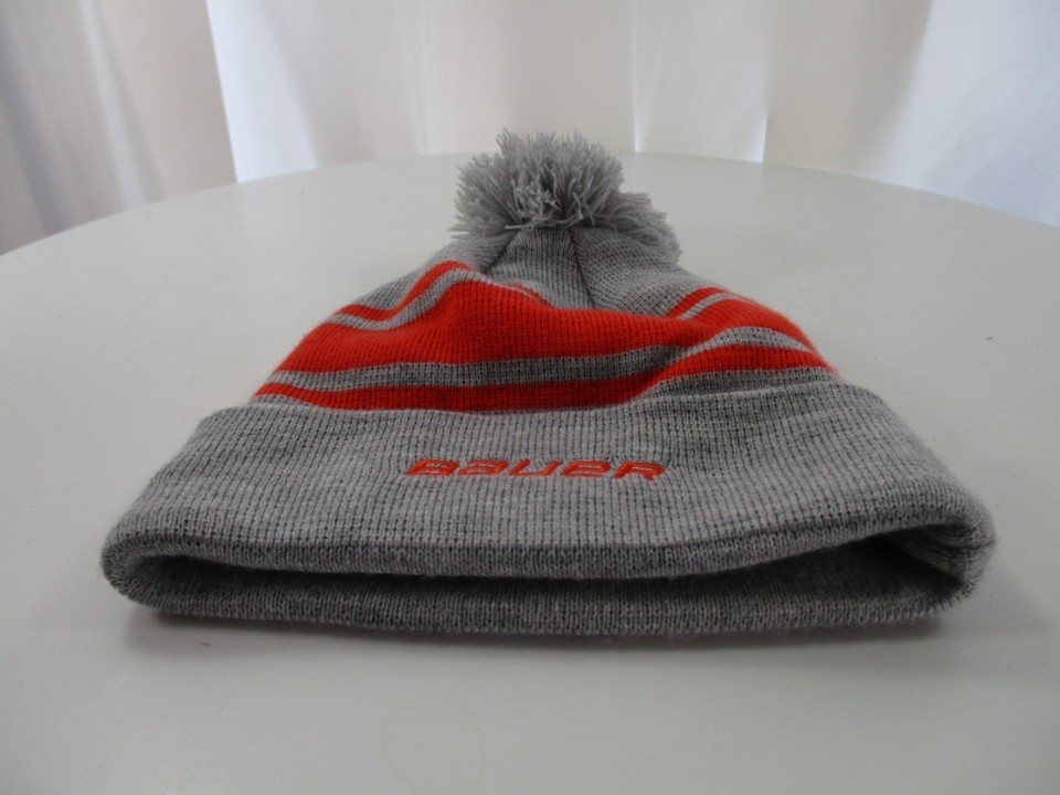 New Era Bauer Hat Beanie Orange Gray Pom Knit Hockey Winter Striped ...