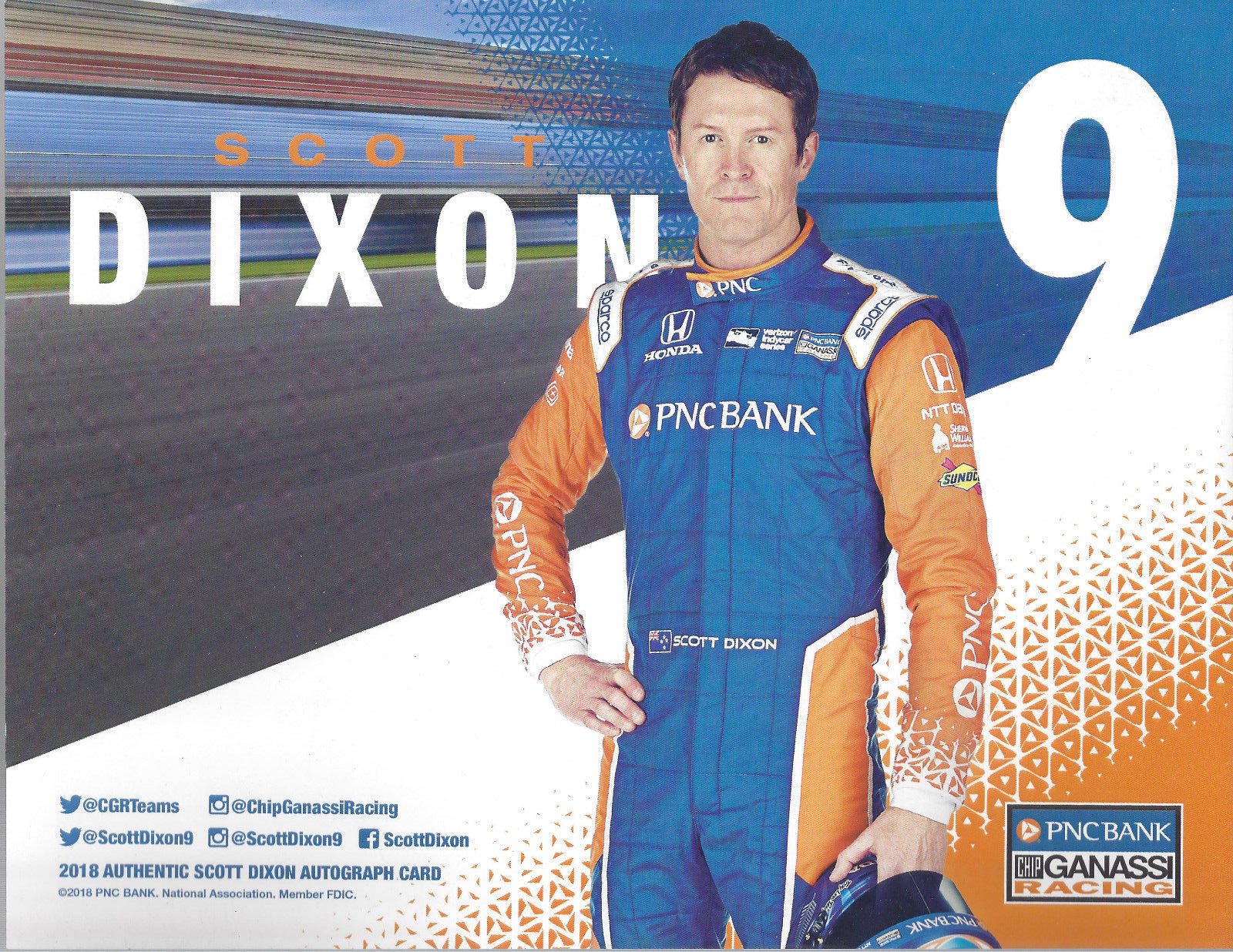2018 SCOTT DIXON "PNC BANK GANASSI RACING" #9 VERIZON INDY CAR POSTCARD ...