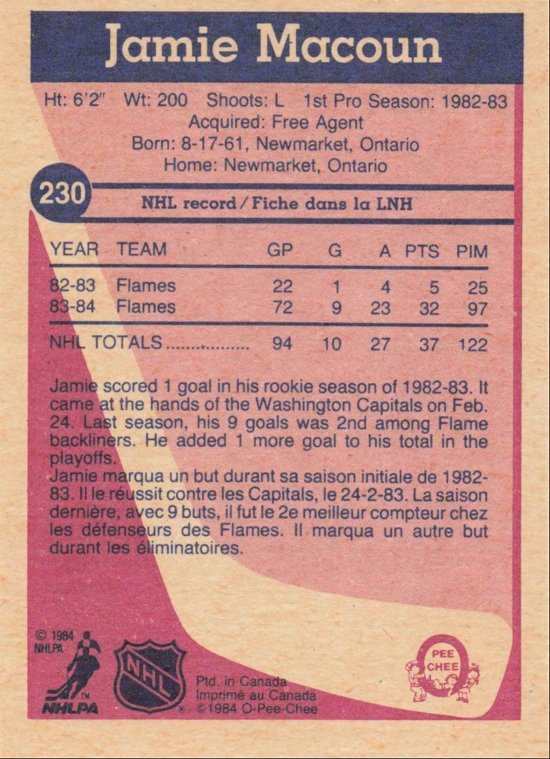 1984-85 O-Pee-Chee Rookie Card Jamie Macoun Calgary Flames #230 | eBay
