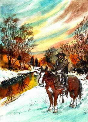 Cowboy In Winter, Cowboy Art Print, Winter Wall Decor, Western Winter ...