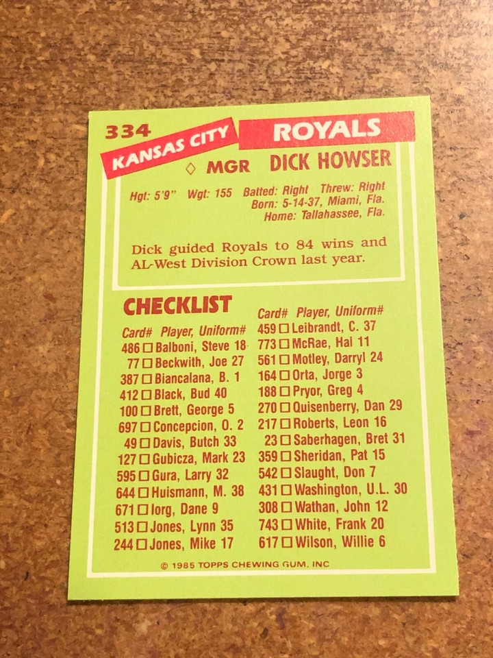 1985 Topps Tiffany Baseball # 334 Dick Howser KC Royals Manager ...