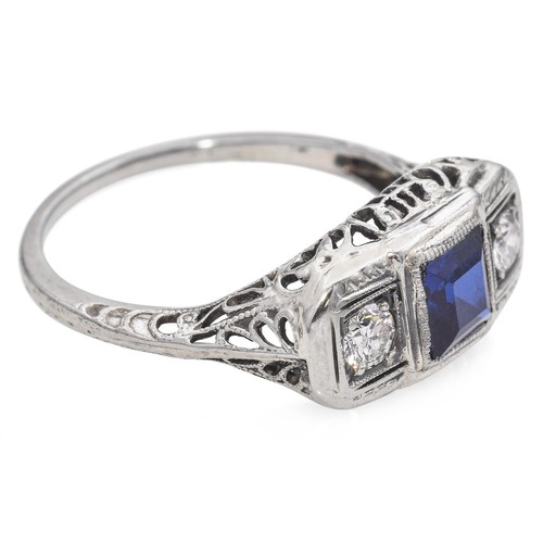 Art Deco 17k White Gold Filigree Diamond and Sapphire Ring | eBay