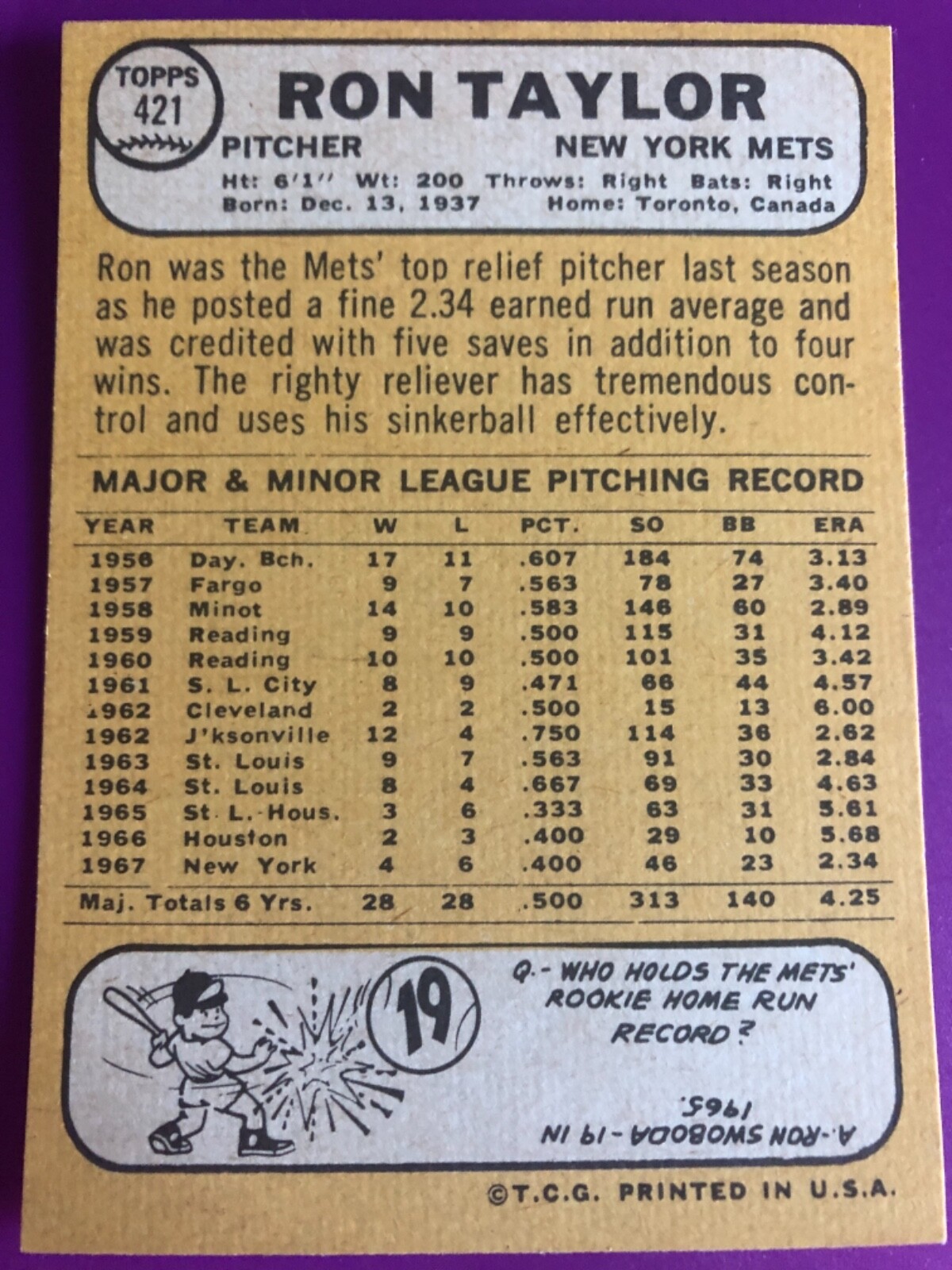 1968 Topps - Ron Taylor #421 for sale online | eBay