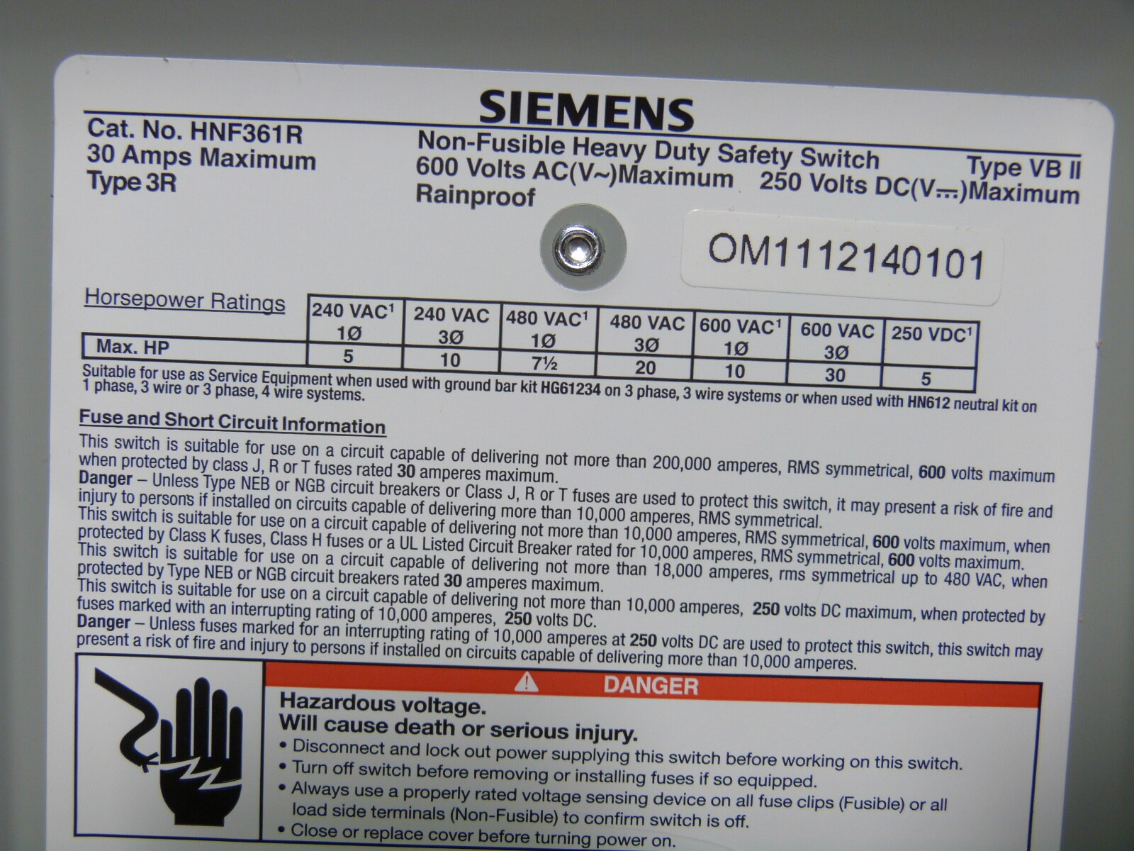 Siemens HNF361R 3P 30A 600V HD Safety Switch Non Fused Nema 3R New ...