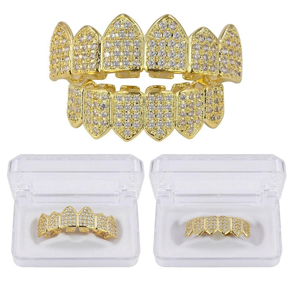 Hip Hop 925 Silver Simulated Diamonds Custom GRILLZ Teeth Top Bottom ...