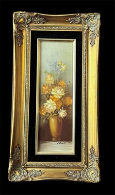 Robert Cox Signed Oil Vase with Cream Peach Flowers Still Life On Board ...