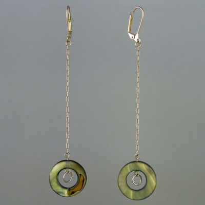 Artisan Made Earrings Long 925 Sterling Silver Chain Abalone Shell Doughnut Ring | eBay