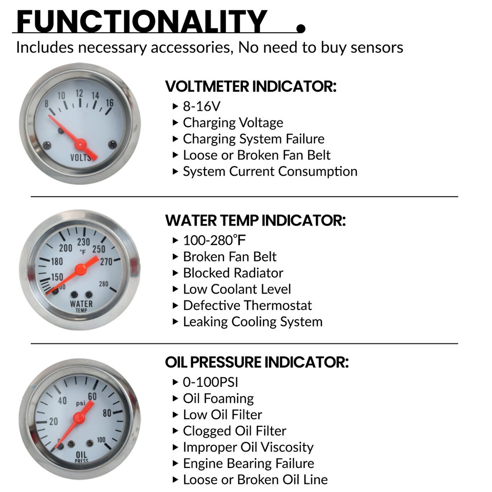2"52mm Car Triple Gauge Kit Chrome Oil Pressure Water Temp Volt Meter w ...