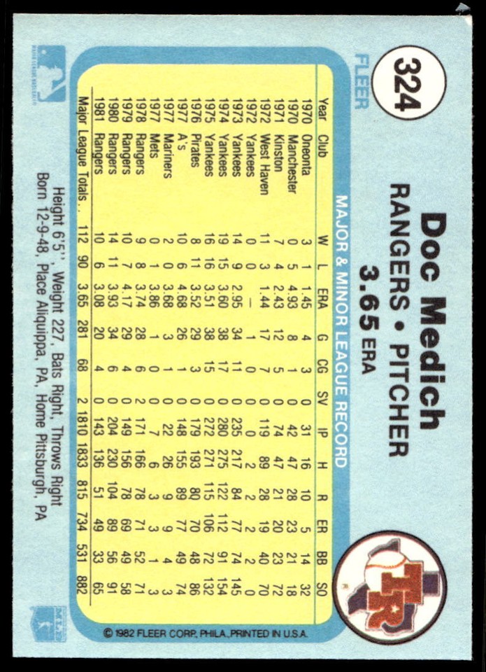1982 Fleer 324 Doc Medich Texas Rangers Baseball Card | eBay