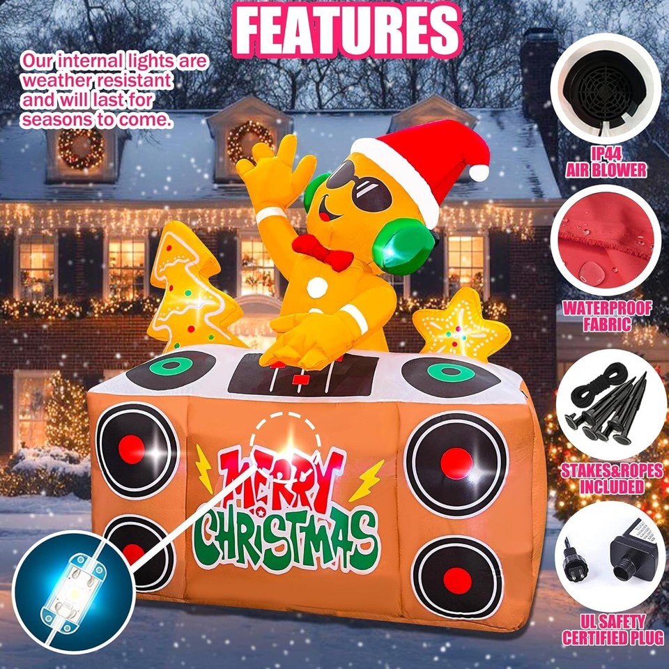 2025 ANIMATED LED Christmas Inflatable DJ Gingerbread Man Making Music ...