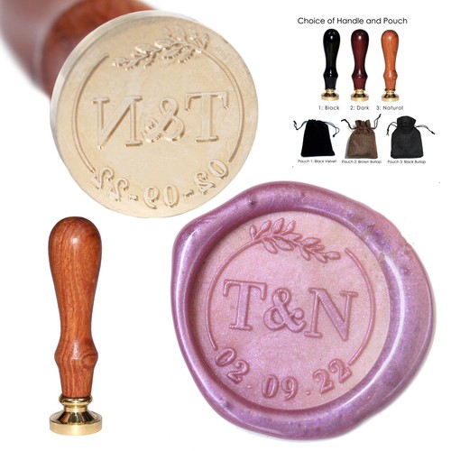 Wax Seal Stamp Leaf with Personalised Initals & Date - Custom Engraved ...
