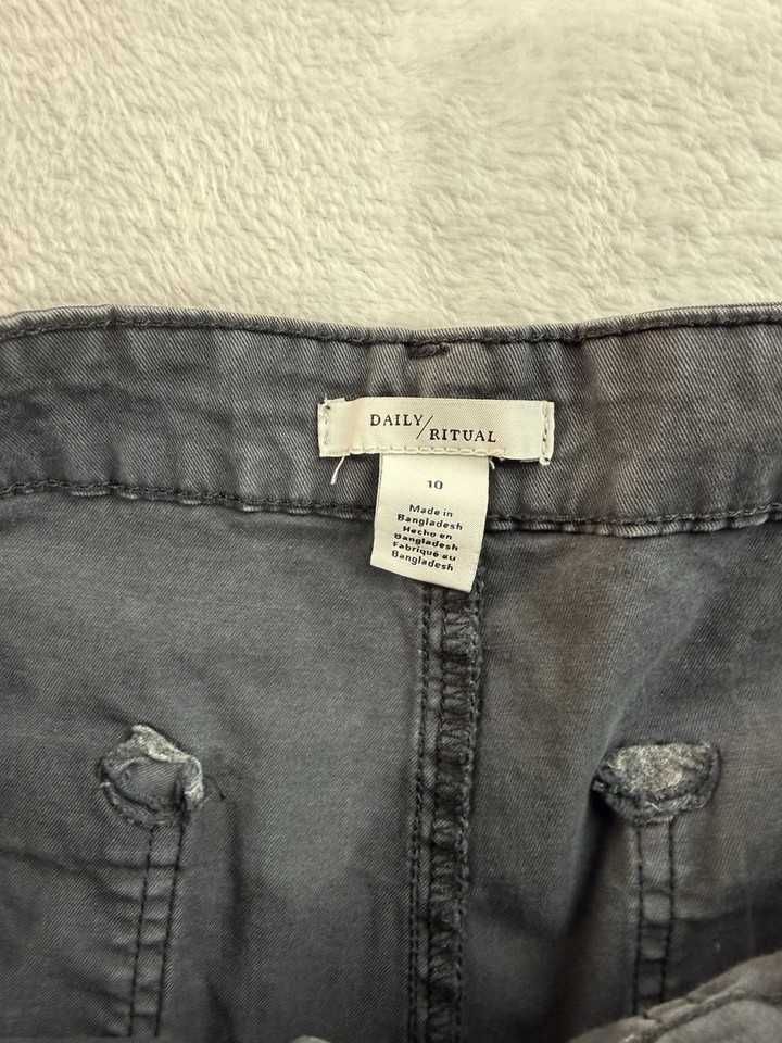Women Gray Mid-Rise Slash Pockets Slim Straight Utility Pants Cotton Sz ...
