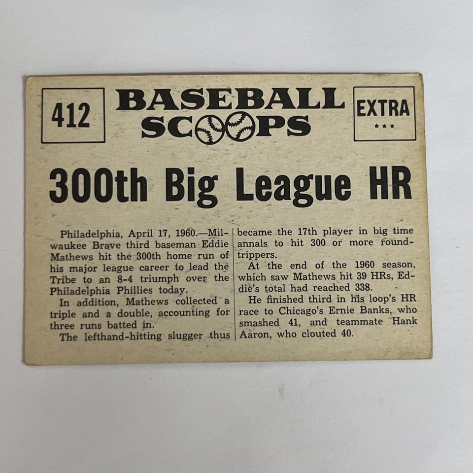 1961 NU-CARD BASEBALL SCOOPS #412 EDDIE MATTHEWS BLASTS 300TH BIG ...