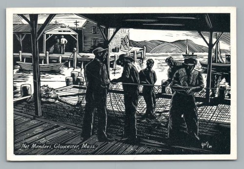 "Net Menders" GLOUCESTER Massachusetts ~ Vintage Fishing Art Postcard ...