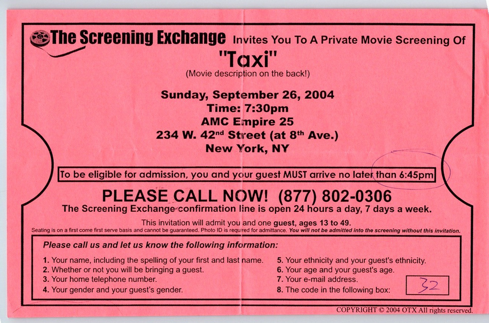 2004 Taxi Pre-Release Screening Ticket Queen Latifah Jimmy Fallon ...