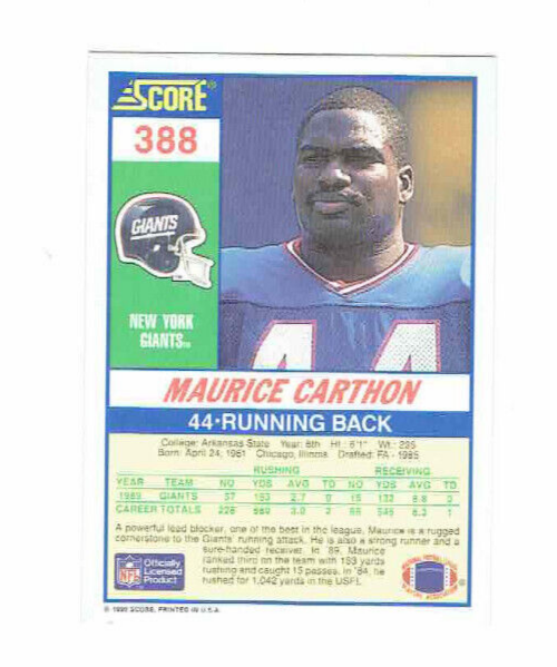 Maurice Carthon New York Giants #44 RB #388 Score 1990 Football Card | eBay