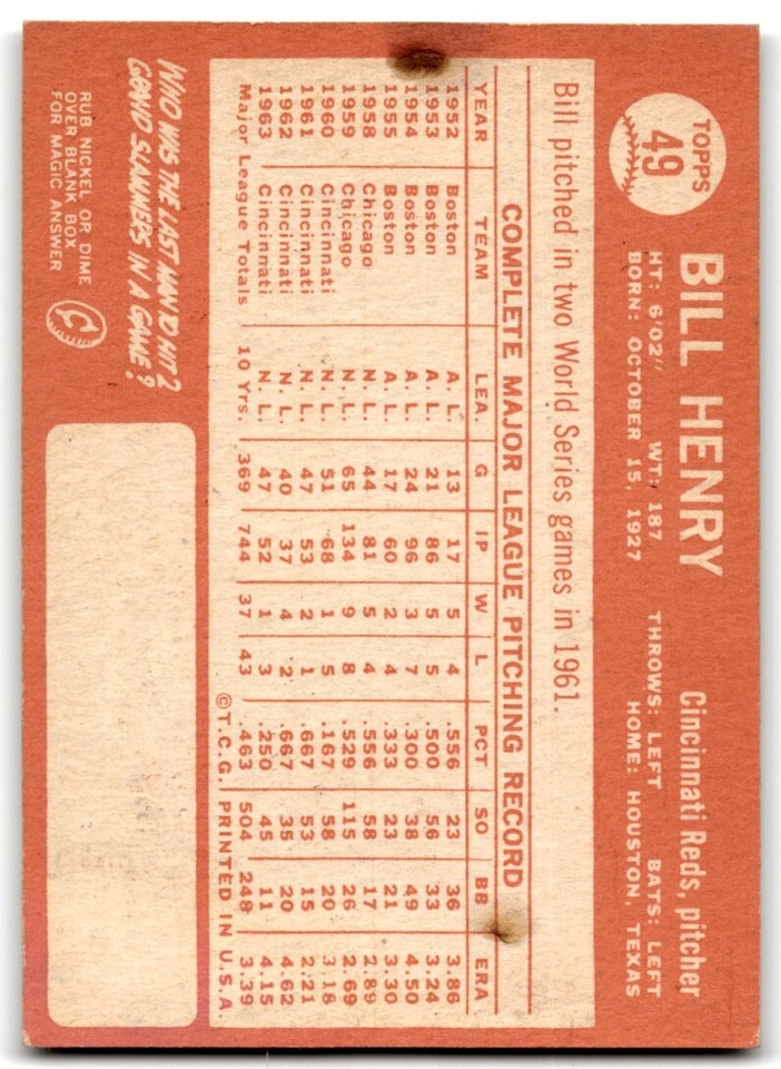 1964 Topps Bill Henry Baseball Cards #49 | eBay