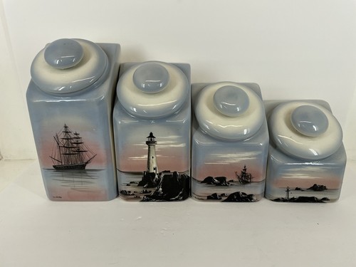 VTG Set 4 G.L. Hooton Hand Painted Ceramic Canisters Ships Lighthouse ...