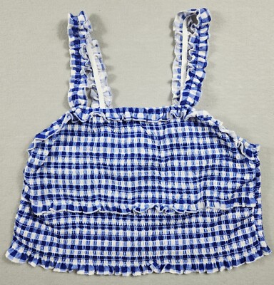 Gingham Tank Top Ruffle Trim Stretchy Cropped Womens Plus Size Blue ...