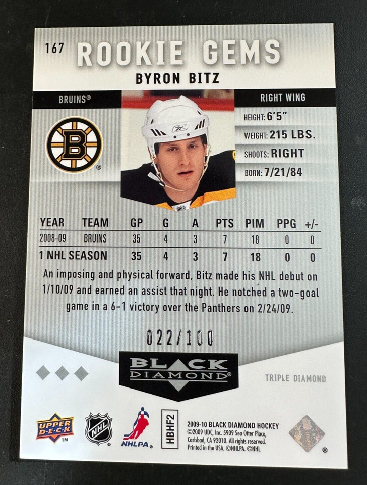 Byron Bitz 2009-10 Black Diamond Rookie Gems Ruby Red Triple #167 ...