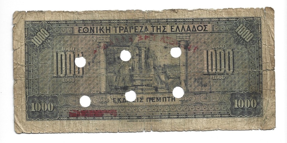 Greece 1926 15 Oct. 1000 dr. banknote Bank of Greece o/p emergency ...