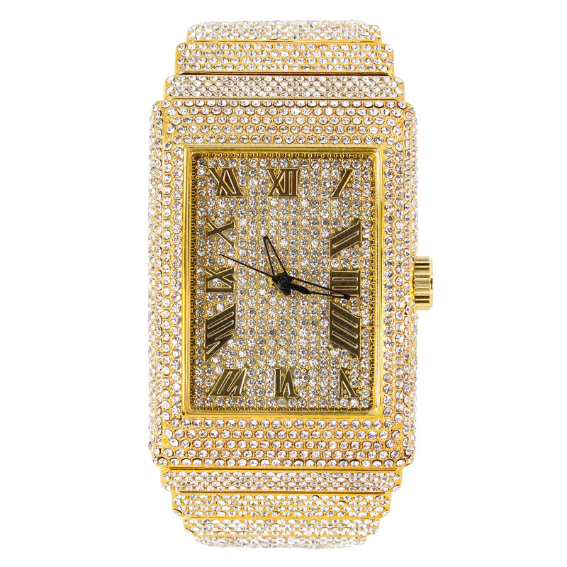 Men's Watch Square Round Luxury Chandelier Hip Hop Full Iced & Bracelet ...