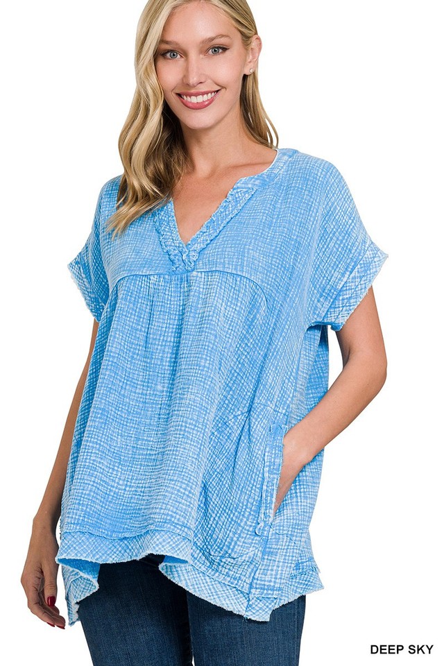 Zenana Washed Double Gauze Raw Edge Womens Top S-XL Deep Sky | eBay