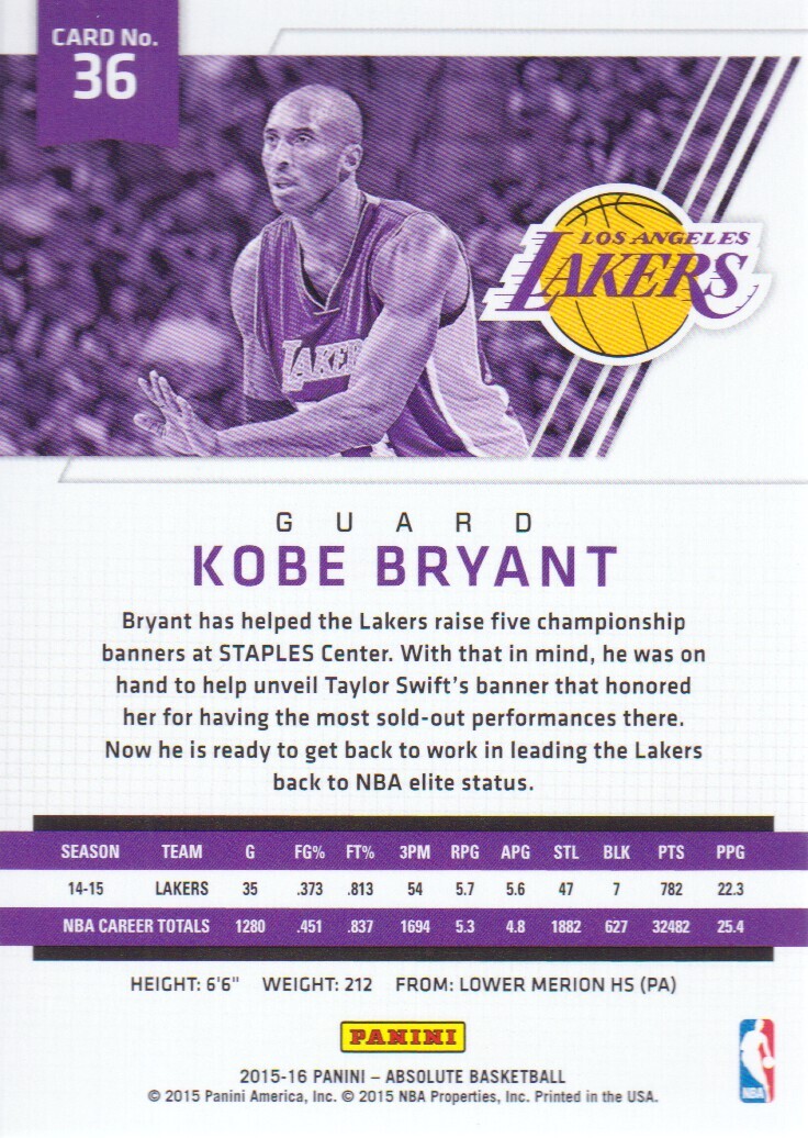 2015-16 Panini Absolute - #36 Kobe Bryant for sale online | eBay