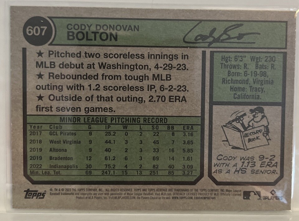 Cody Bolton 2023 Topps Heritage High Number Rookie Card #607 Pittsburgh ...