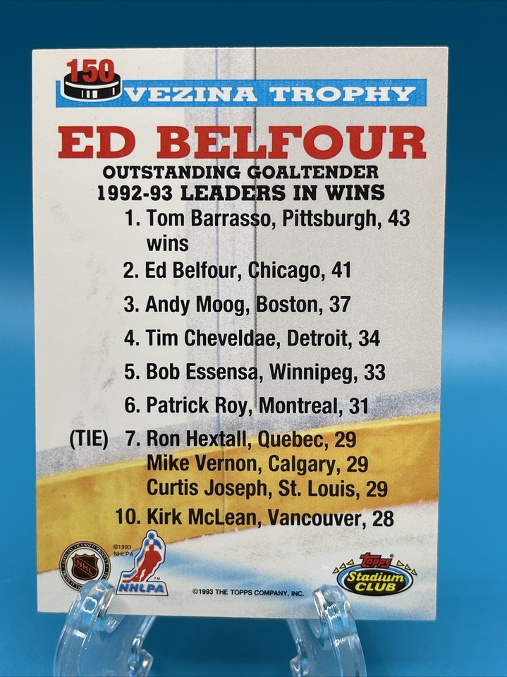 1993-94 Ed Belfour Vezina Trophy Winner Topps Stadium Club Hockey ...