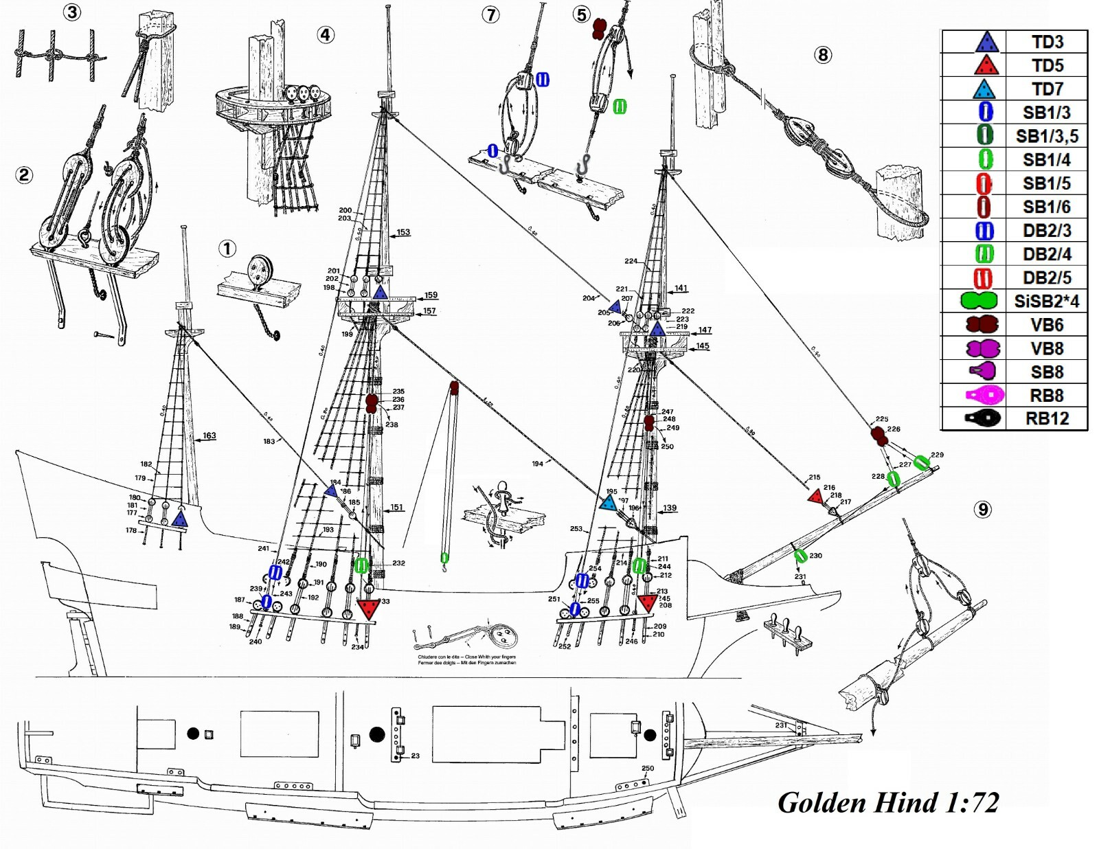 Airfix Golden Hind 1:72 - set of 285pcs CNC Walnut blocks for rigging ...
