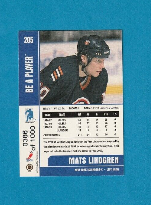 1999-00 BAP Memorabilia SILVER #205 Mats Lindgren ISLANDERS serial ...
