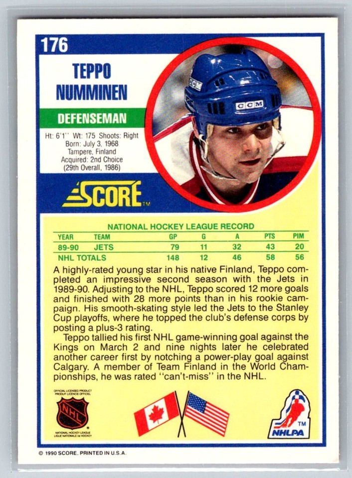 1990-91 Score American #176 Teppo Numminen Winnipeg Jets Rookie Hockey ...
