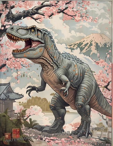 T. rex T-rex tyrannosaurus rex Dinosaur Mt. Fuji Japan Giclée Art Print ...