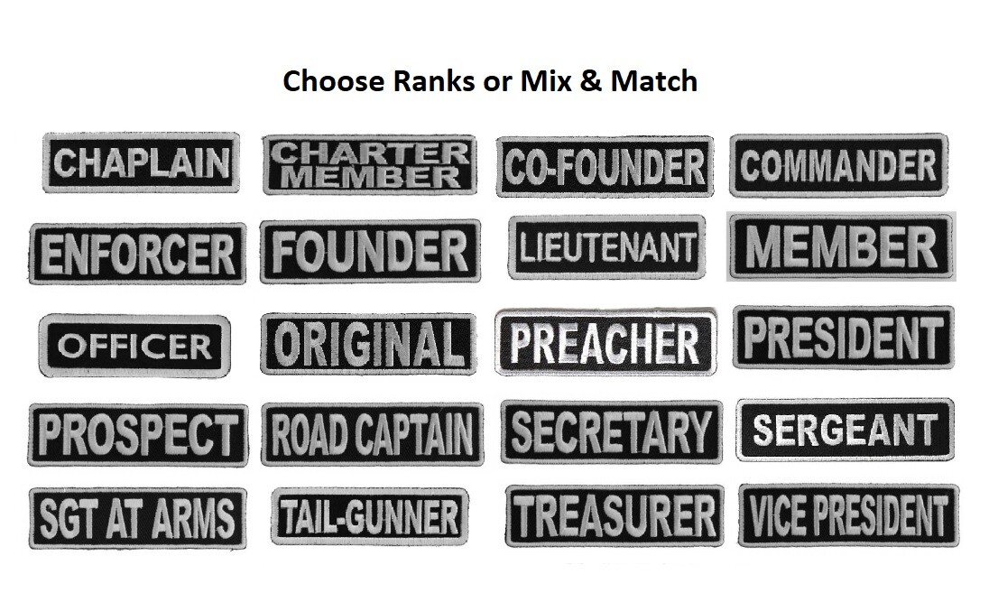 Choose Style WHITE ON BLACK 3.5" x 1" Club Rank iron on patches Biker ...