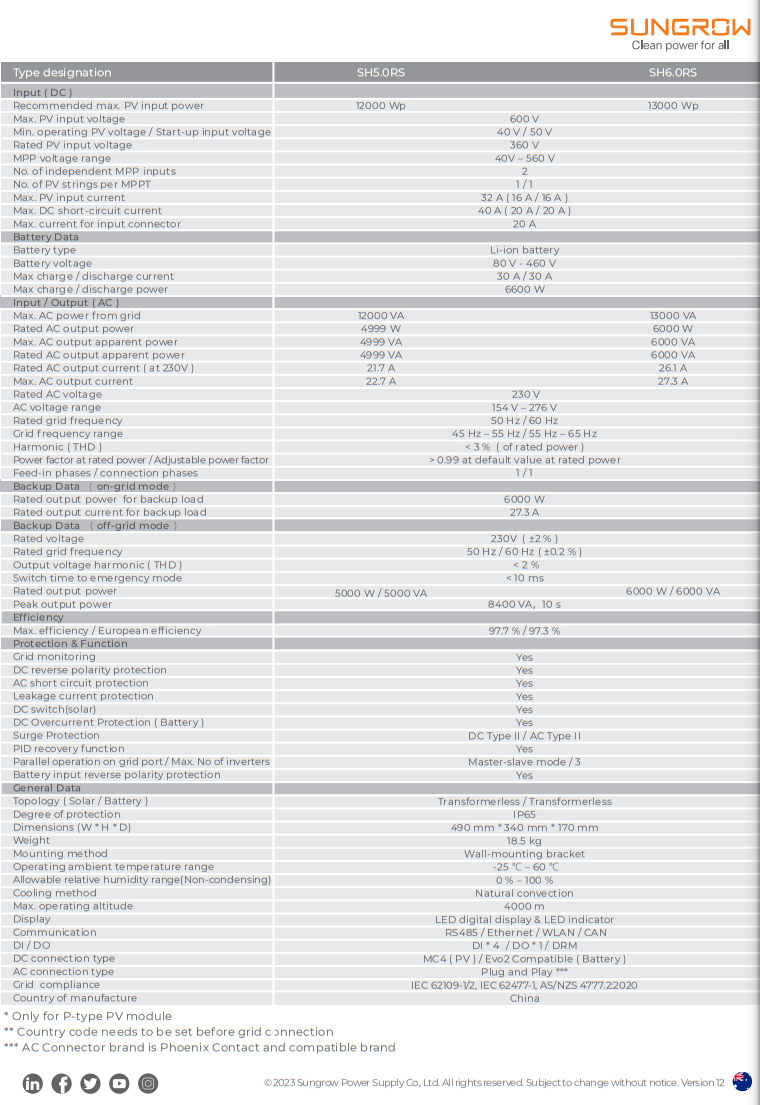 SUNGROW SH5.0RS 5kW 1 Phase 2 MPPT Hybrid Solar Inverter with Wifi ...