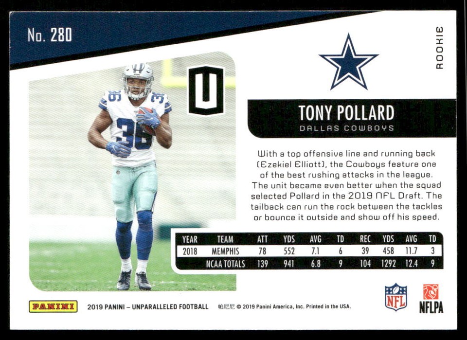 Tony Pollard 2019 Panini Unparalleled #280 Dallas Cowboys RC Football ...