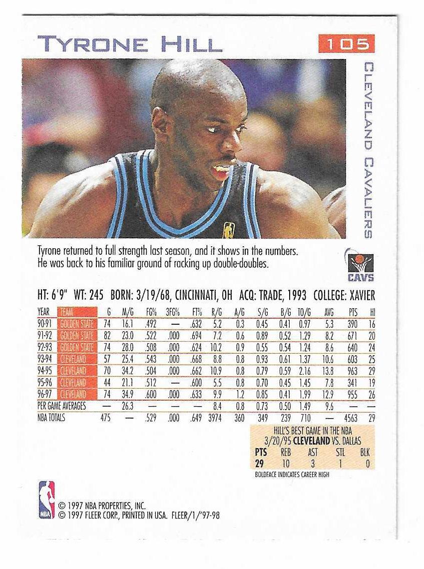 1997-98+Fleer+-+%23105+Tyrone+Hill for sale online | eBay