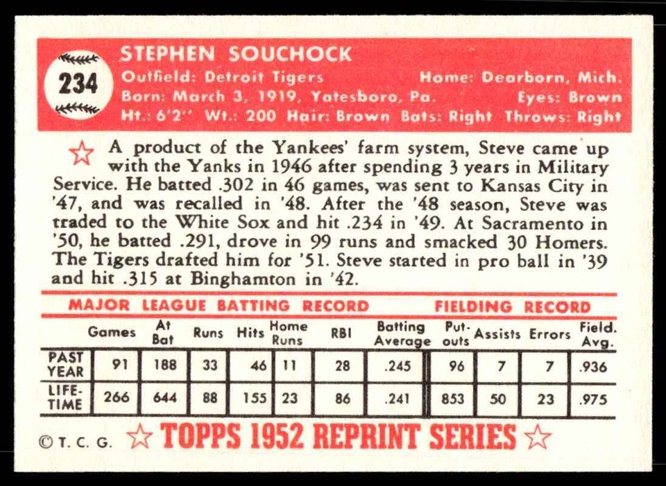1983 Topps 1952 Reprint Series Steve Souchock Detroit Tigers #234 | eBay