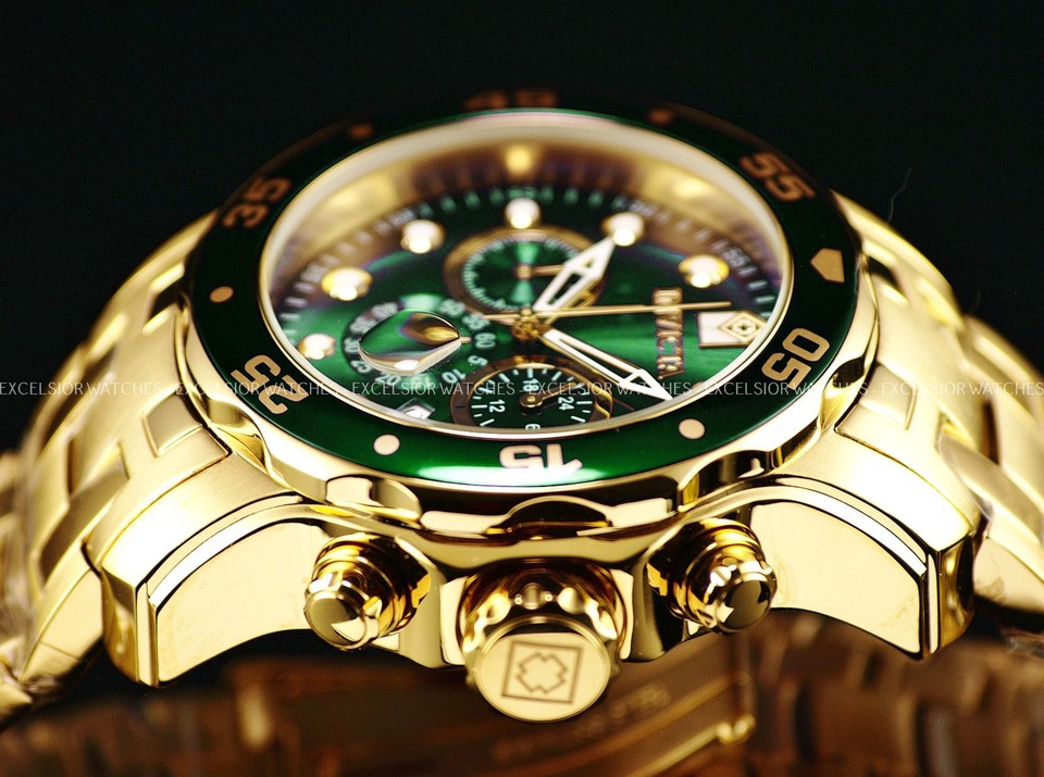 NEW Invicta Men's 48mm PRO DIVER SCUBA Chronograph Gold Tone SS Green ...