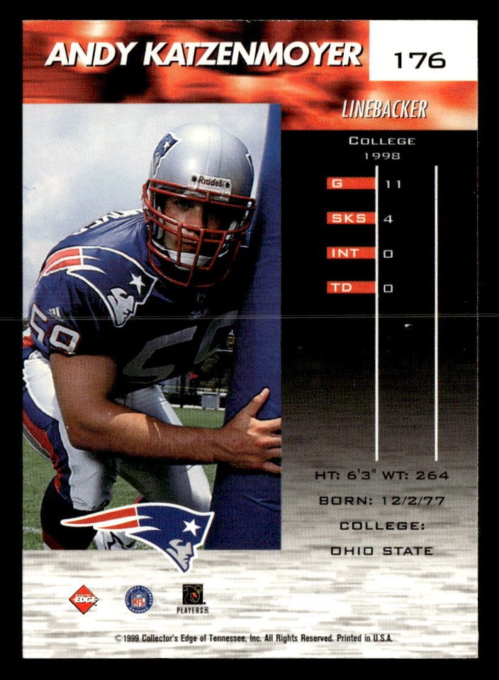 Andy Katzenmoyer 1999 Collector's Edge Fury Rookie Card #176 Patriots ...