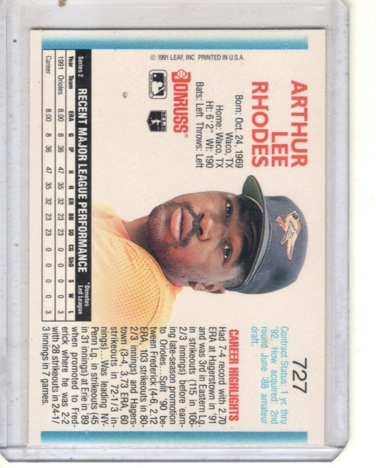 1992 Donruss Baltimore Orioles Baseball Card #727 Arthur Rhodes | eBay