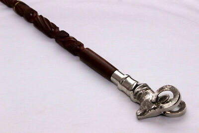Solid brass goat head handle antique spiral brown wooden walking stick ...