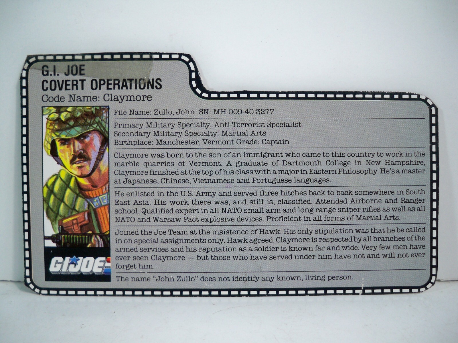 K22i72351 CLAYMORE W/ FILE CARD 1986 GI JOE MISSION BRAZIL 100% ...
