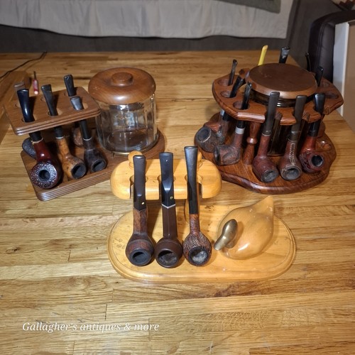 Large vintage tobacco pipe collection Lot & rack stand Holders Brass ...
